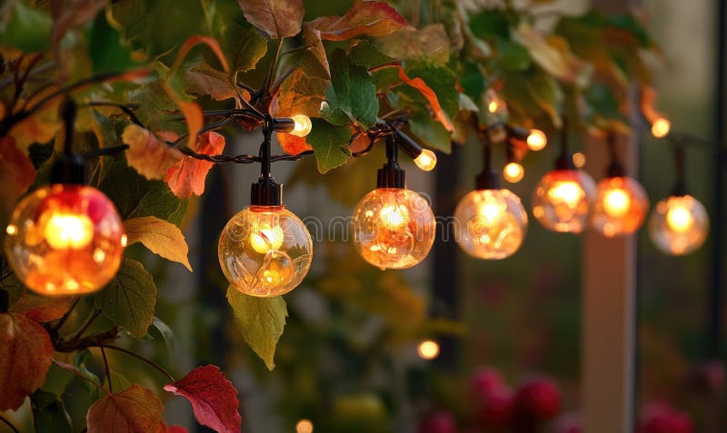 Warm White String Lights with Glass Apples, Fall Colors Stock Photo ...
