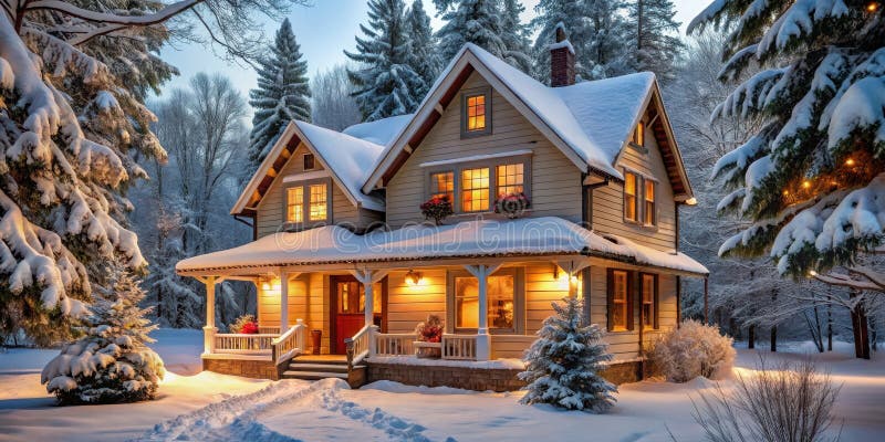 Warm Winter House, Snow Covered Porch, Glowing Windows. Generative AI ...
