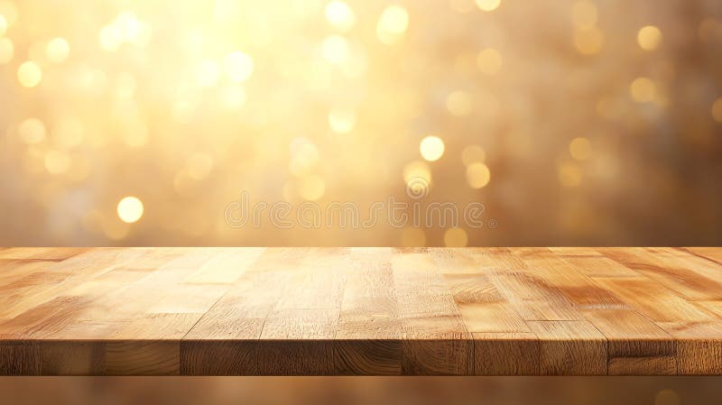 Warm Wooden Tabletop with Soft Golden Bokeh Background for Festive ...