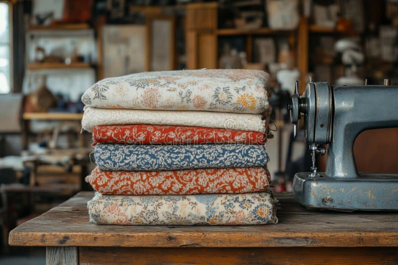 Warm Wool Textiles Stacked on Wooden Table in a Sewing Workshop ...