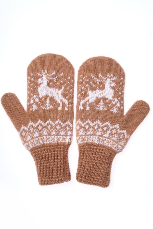 Warm Woolen Knitted Mittens Isolated on White Background. Red Kn Stock ...