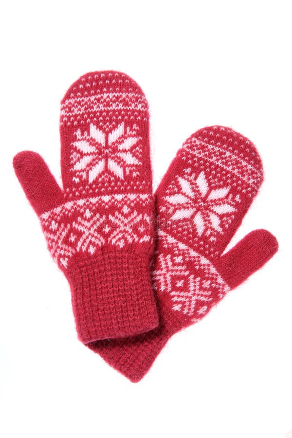 Warm Woolen Knitted Mittens Isolated on White Background. Red Kn Stock ...
