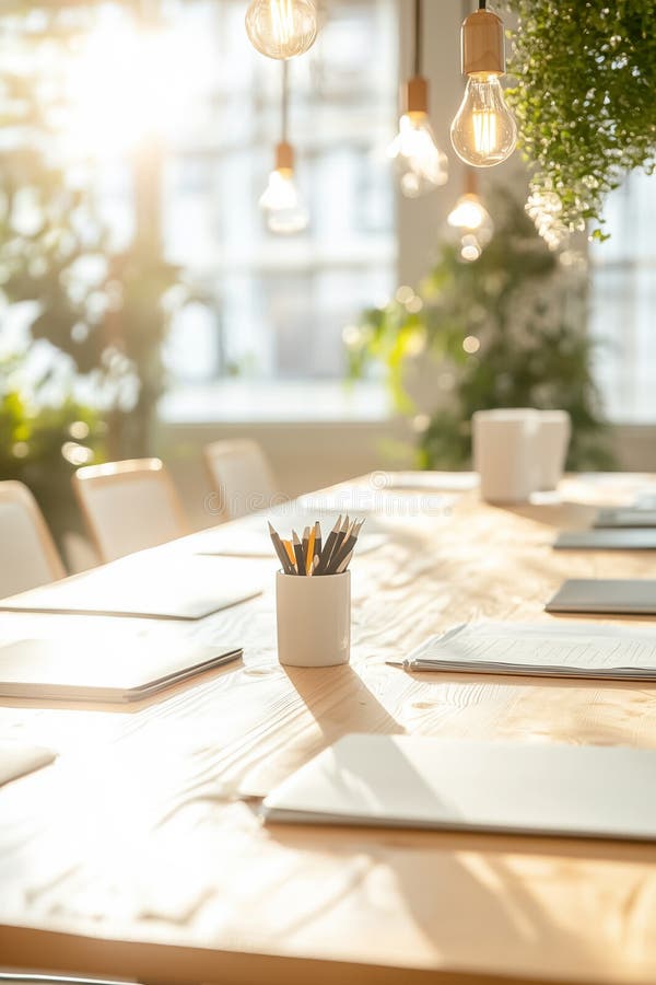 A Warm Workspace Filled with Natural Light Features a Wooden Table ...