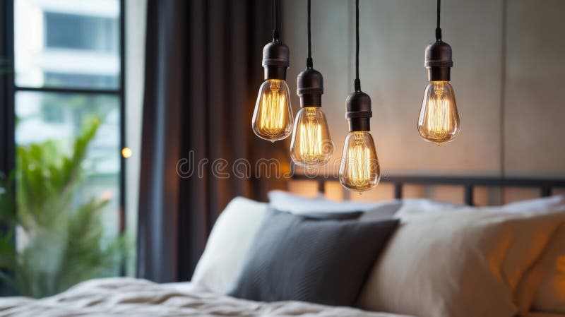 Warm Yellow Edison Bulbs Illuminate Cozy Bedroom Stock Illustration ...