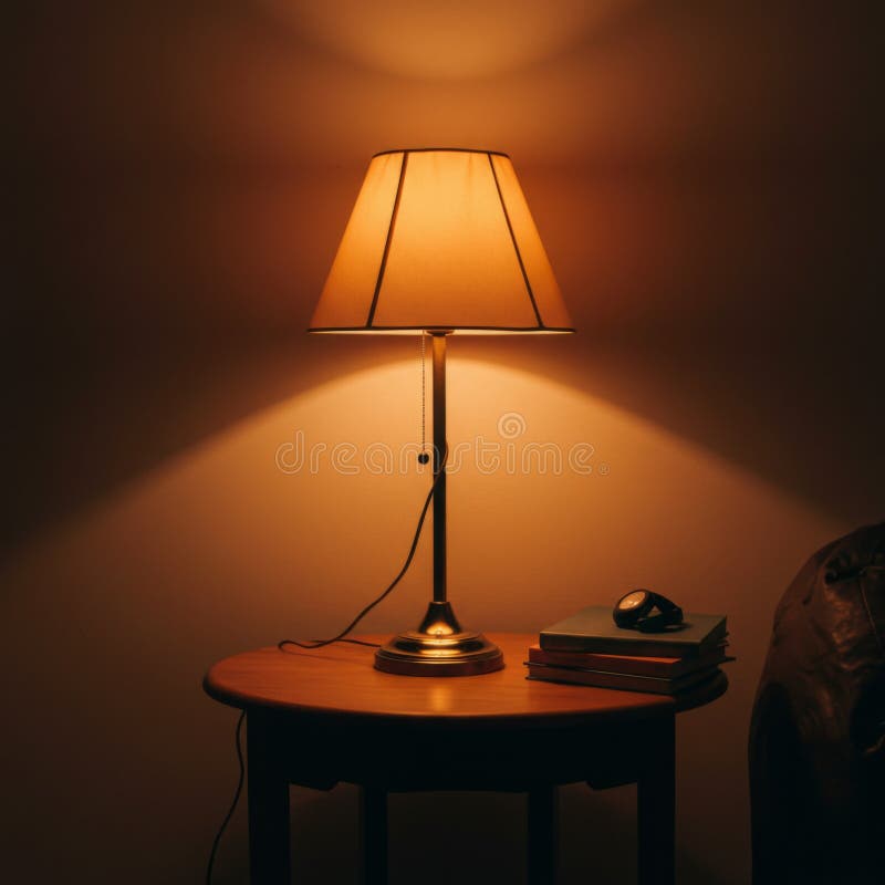 Warm Yellow Light Illuminates Brass Table Lamp on Wooden Table Stock ...