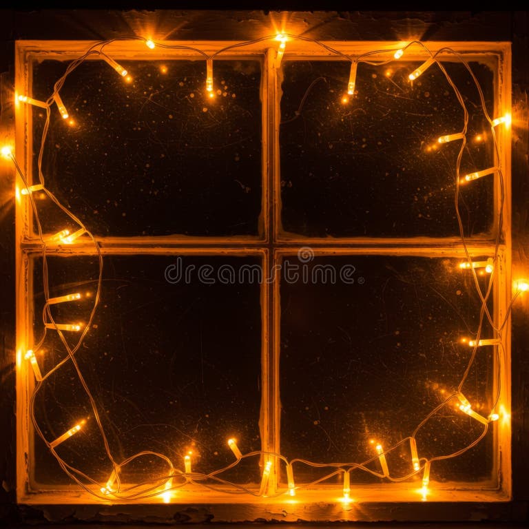 Warm Yellow String Lights Frame Old Window at Night Stock Illustration ...