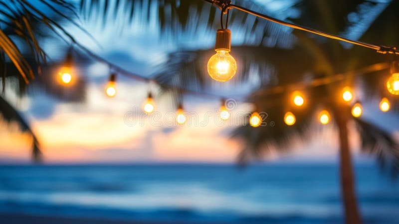 Warm Yellow String Lights at Sunset Beach Stock Illustration ...