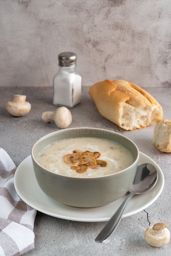 Warming Champignon Soup with White Bread on the Table Stock Photo ...