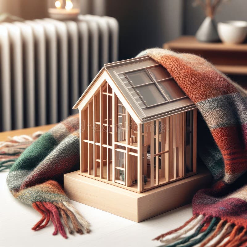 Warming Home in Winter, Small House Model in a Warm Knitted Scarf Stock ...