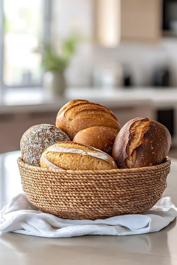 Freshly Baked Bread Rolls Woven Basket Kitchen Counter Stock Photos ...