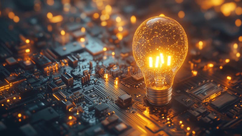 Warmly Glowing Light Bulb on Advanced Circuit Board Stock Image - Image ...