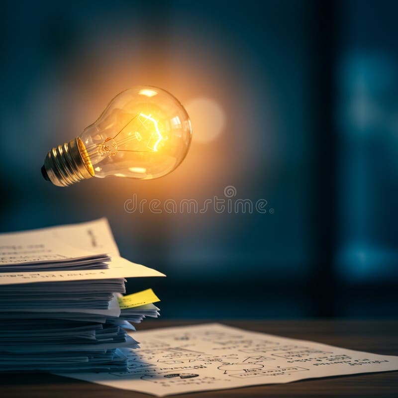 A Warmly Glowing Light Bulb Floats Above a Stack of Papers on a Desk ...
