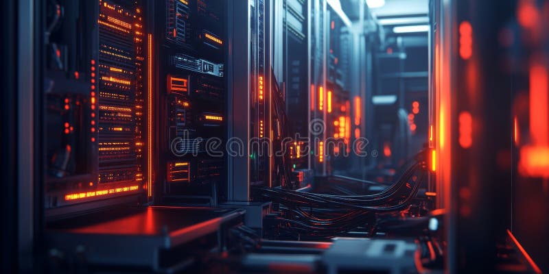 Warmly Illuminated Server Room with High-Tech Data Infrastructure and ...