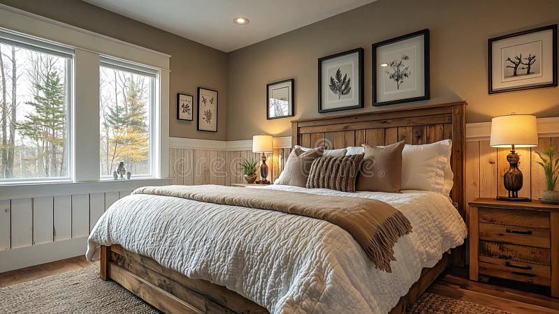 A Warmly Lit Bedroom Featuring Rustic Decor and a Cozy Atmosphere with ...