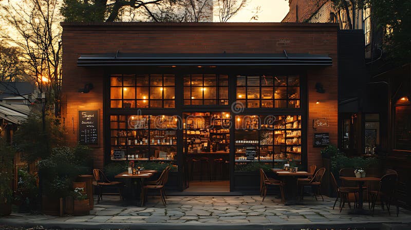 Warmly Lit Brick Storefront Cafe at Dusk with Outdoor Seating Stock ...