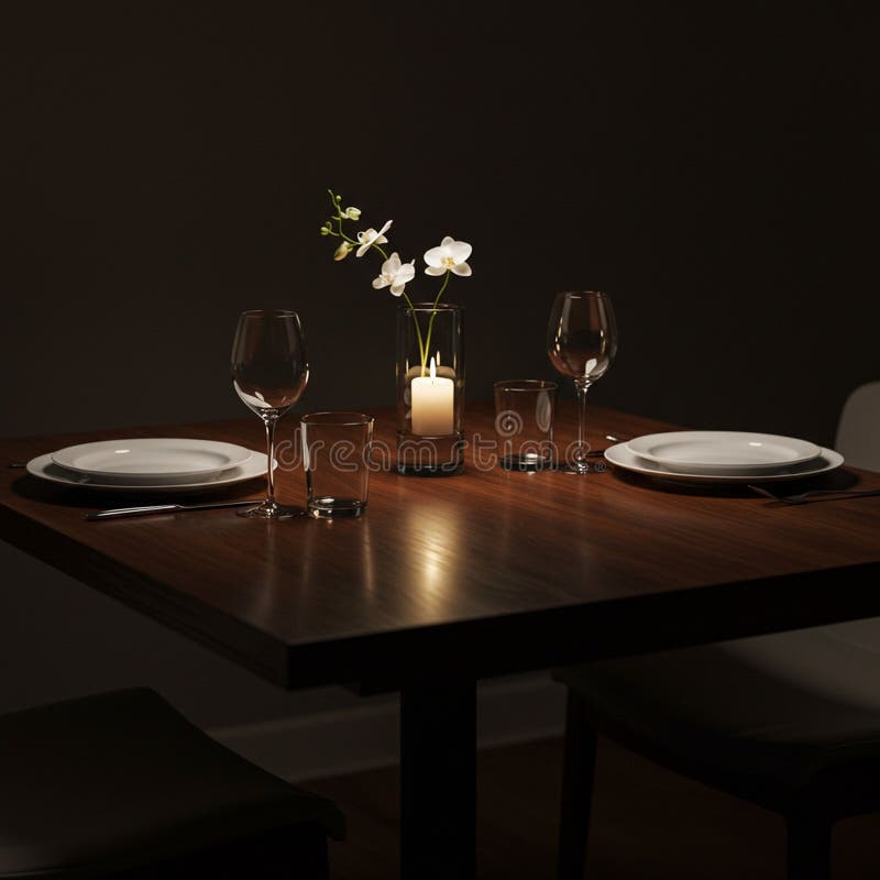 A Warmly Lit, Intimate Dining Setup for Two on a Wooden Table. Two ...