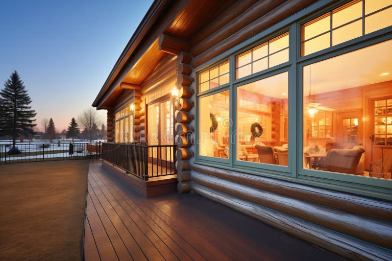 Warmly Lit Log Cabin Windows at Dusk Stock Photo - Image of warm ...
