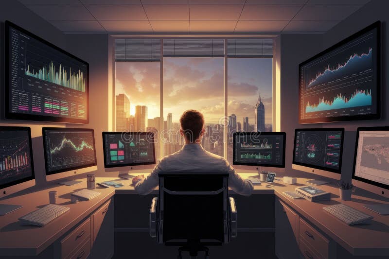 Modern Office Analyst with High-Tech Devices and Cityscape View Stock ...