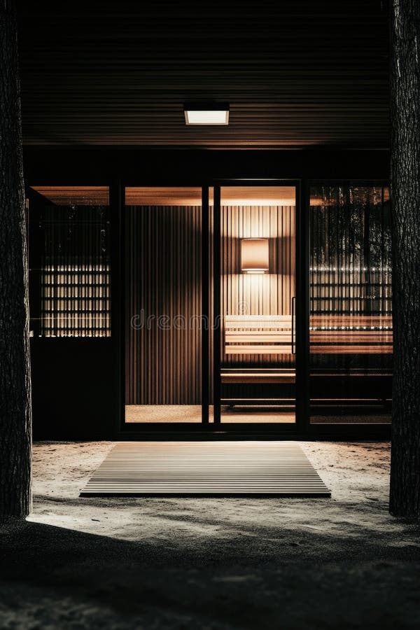 Warmly Lit Modern Sauna Exterior with Glass Door in Forest Setting at ...
