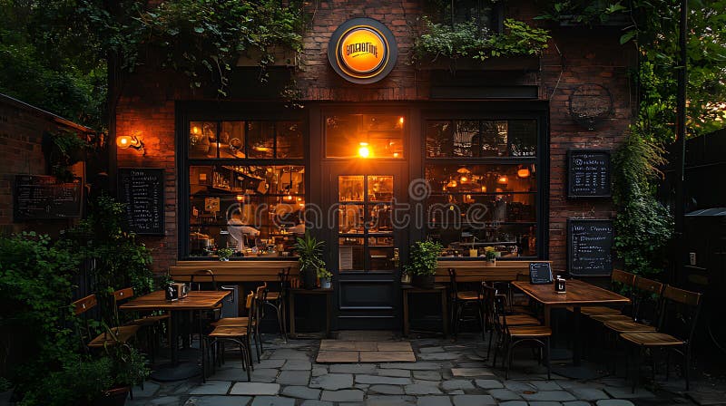 Warmly Lit Restaurant Exterior at Night with Outdoor Seating Stock ...