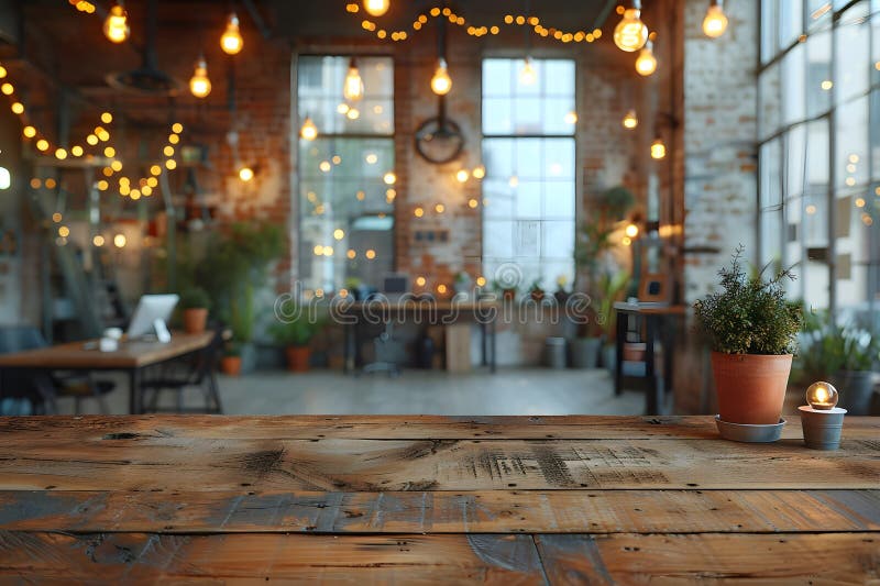 Rustic Office Loft with Warm Lighting and Wooden Desk for Creative ...