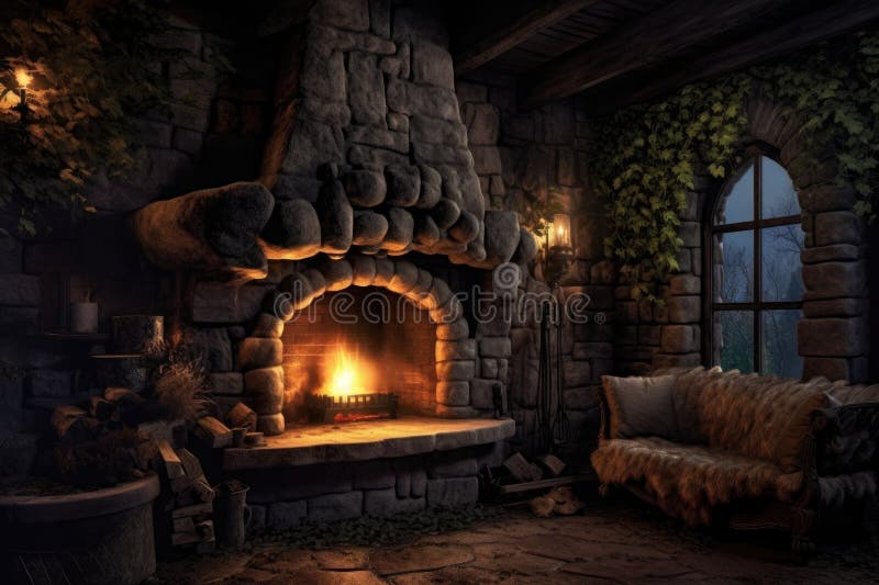 Warmly Lit Rustic Stone Fireplace at Night Stock Illustration ...