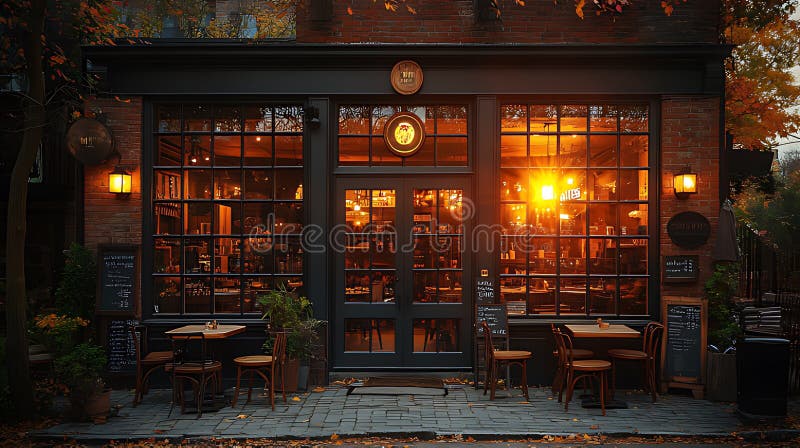 Warmly Lit Storefront of a Charming Cafe at Sunset, with Outdoor ...