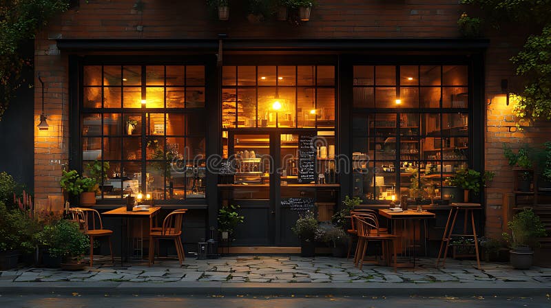 Warmly Lit Storefront of a Cozy Cafe at Night, with Outdoor Seating ...
