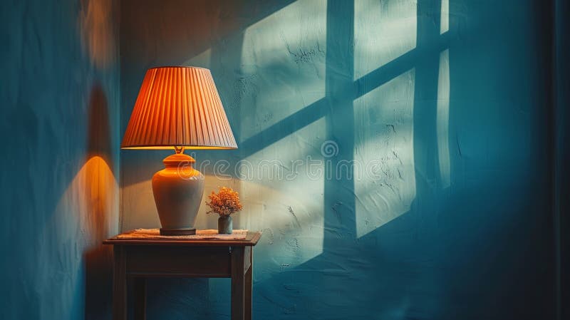 Warmly Lit Table Lamp Casting Shadows on a Blue Wall, Cozy Interior ...