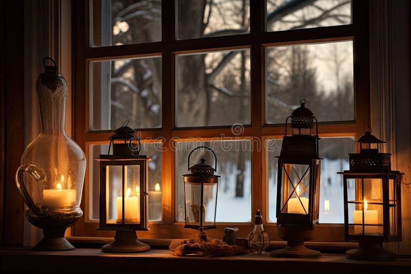 Warmly-lit Window with Lanterns in Winter Setting Stock Illustration ...