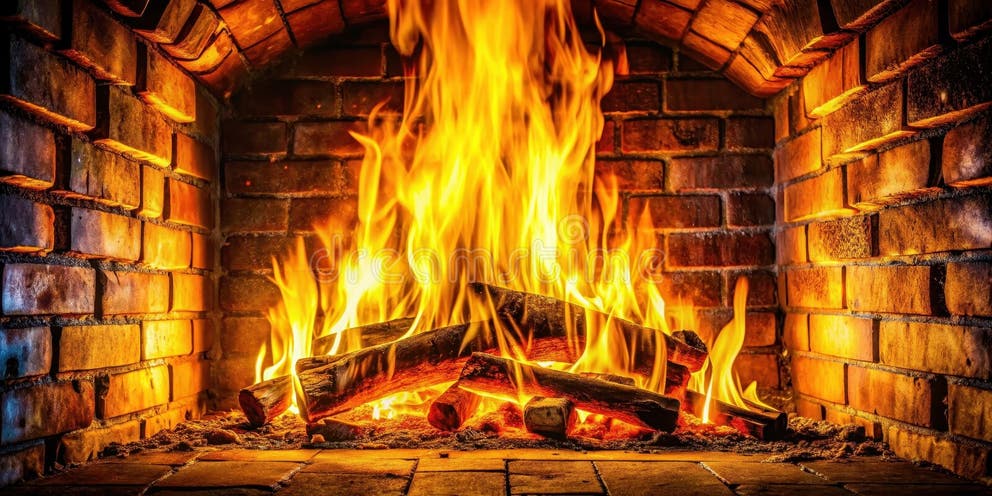 Warmth and Comfort of a Brick Fireplace with a Bright Burning Fire ...