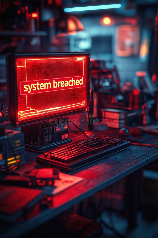Warning Alert Displays System Breached in Dimly Lit Tech Workspace at ...