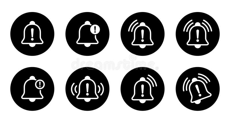 Warning Bell Icon Set Collection on Black Circle. Danger Caution ...