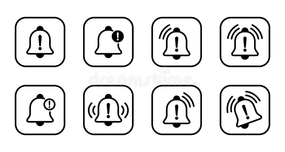 Warning Bell Icon Set Collection on Square Line. Danger Caution ...