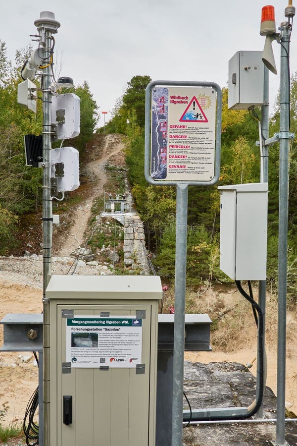 Warning Flood Sign and Monitor Devices for a River Stock Photo - Image ...