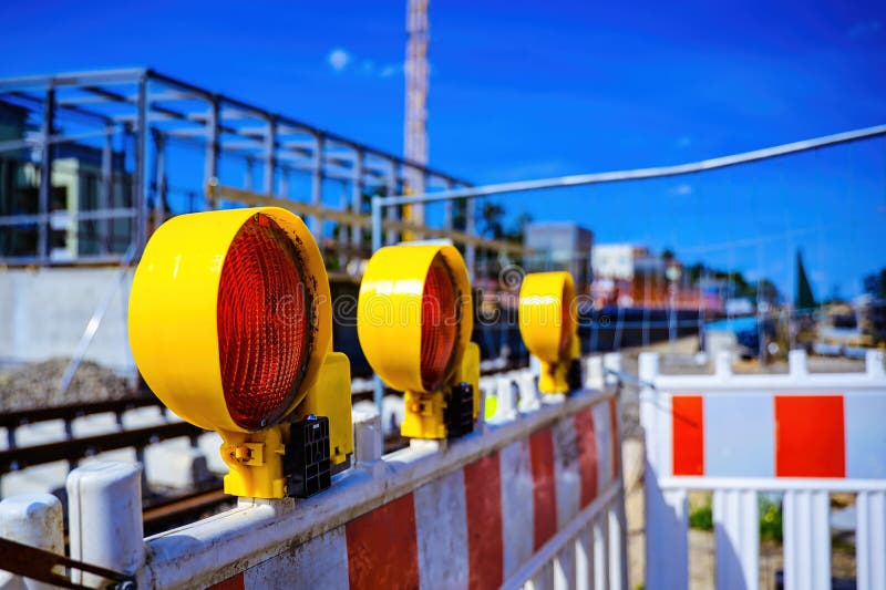 Warning Lights on a Barrier in Front of the Construction Site for a New ...