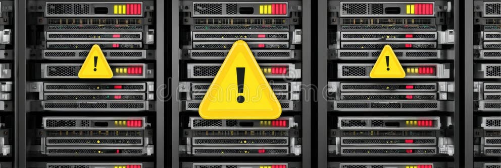 Unplugged Server Rack with Warning Lights Showing Potential Issues in ...