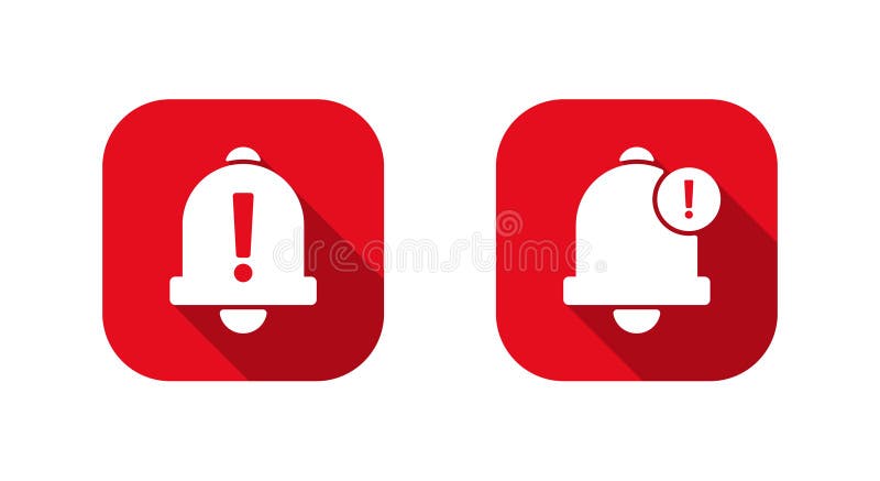 Warning Notification Bell Icon on Red Square. Exclamation Mark on Bells ...