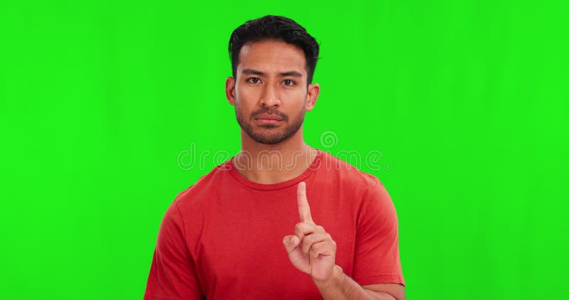 Warning, Serious and Face of an Asian Man on a Green Screen with a No ...