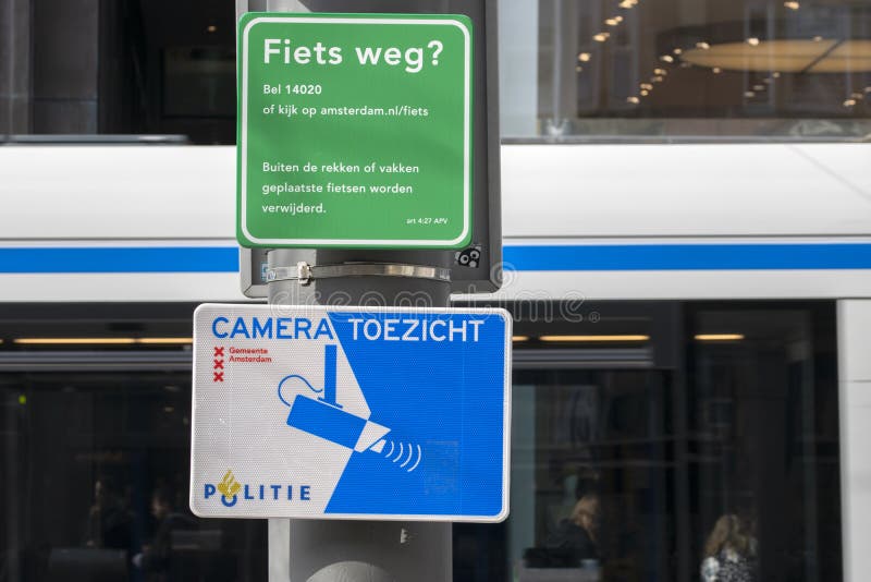 Warning Sign Bicycle Parking and Camera Surveillance at Amsterdam the ...
