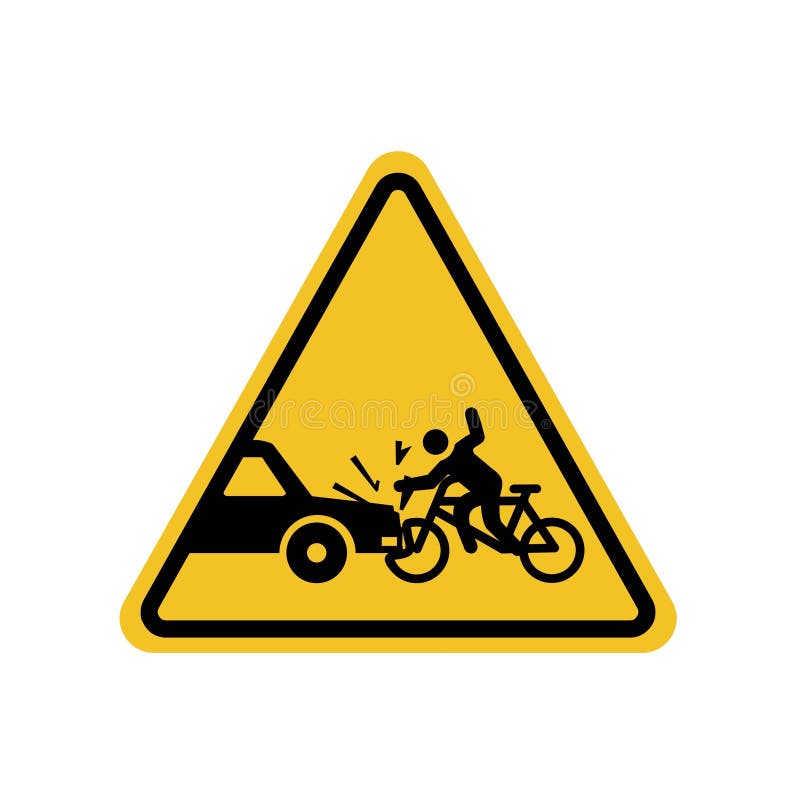 Warning Sign of Car Accident Hitting Bicycle on Yellow Triangle Board ...