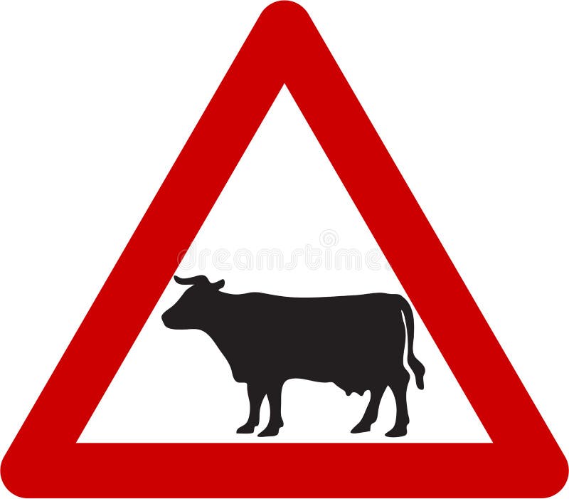 Warning Sign with Cattle on Road Stock Illustration - Illustration of ...