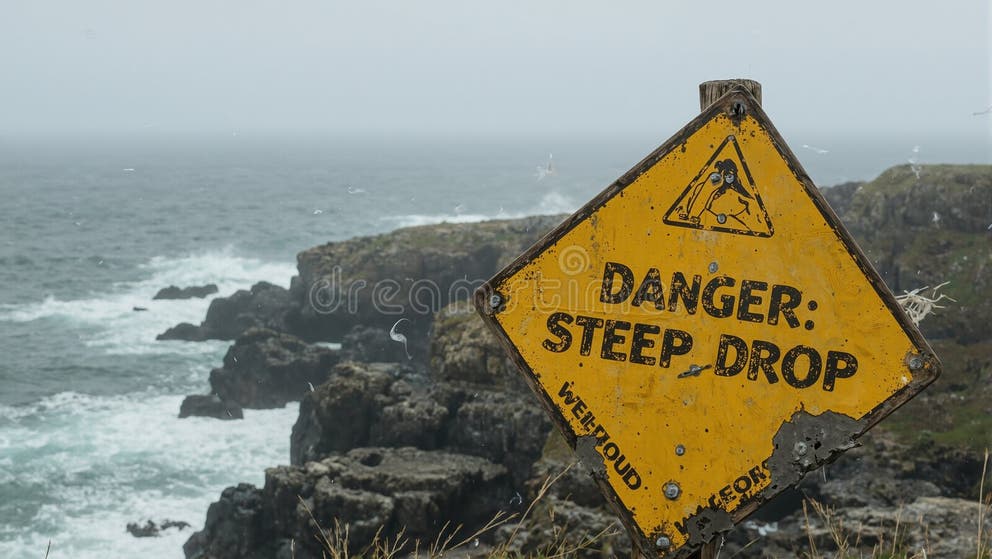 Warning Sign Danger Steep Drop at Cliffs Edge by Ocean Rocks Stock ...