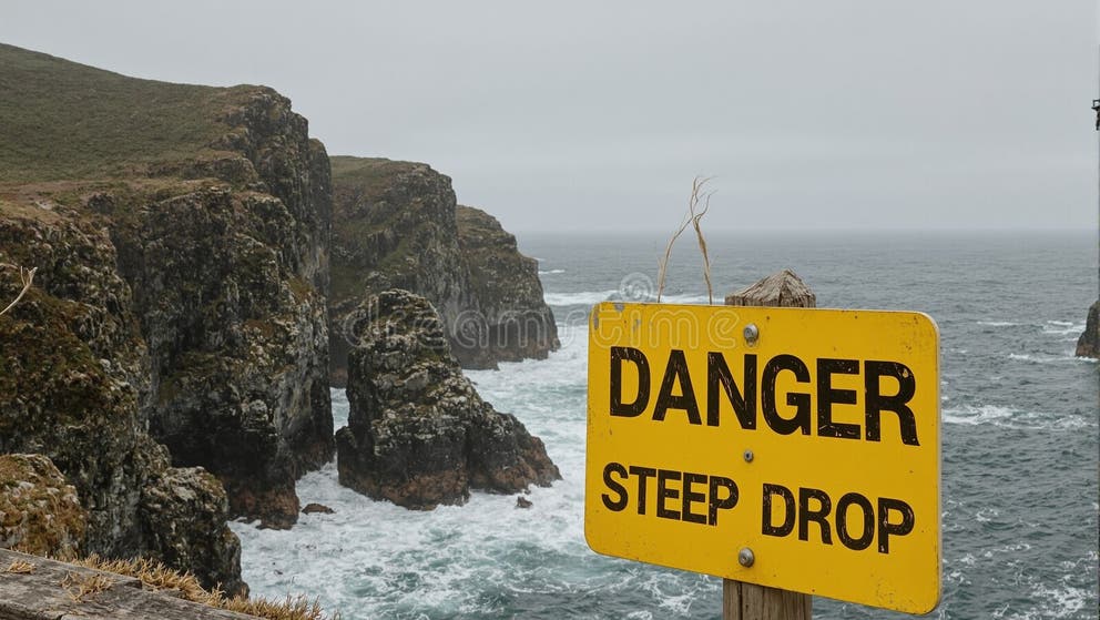 Warning Sign Danger Steep Drop at Cliffs Edge by Ocean Rocks Stock ...