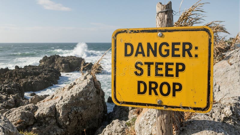 Warning Sign Danger Steep Drop at Cliffs Edge by Ocean Rocks Stock ...