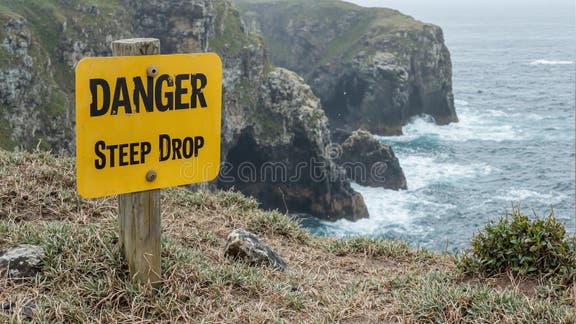 Warning Sign Danger Steep Drop at Cliffs Edge by Ocean Rocks Stock ...