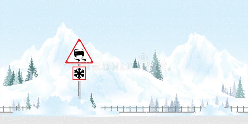 Warning Sign Driving in Winter. Road Sign Warns of Ice and Snow at ...