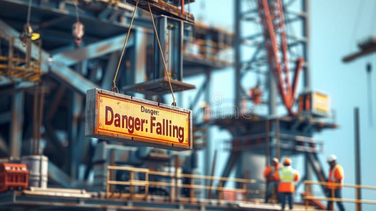 Warning Sign about Falling Danger Hanging on a Crane at a Busy ...