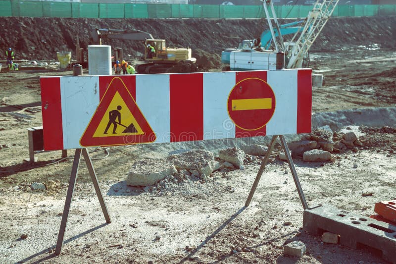 Warning Sign in Front of Construction Site Stock Photo - Image of ...