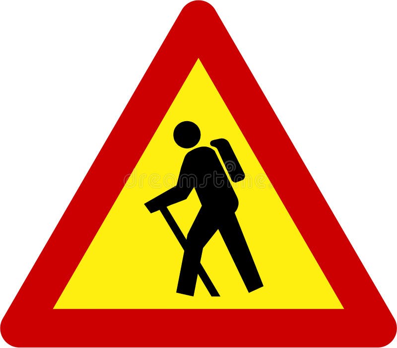 Warning sign with hiker stock illustration. Illustration of backpacker ...